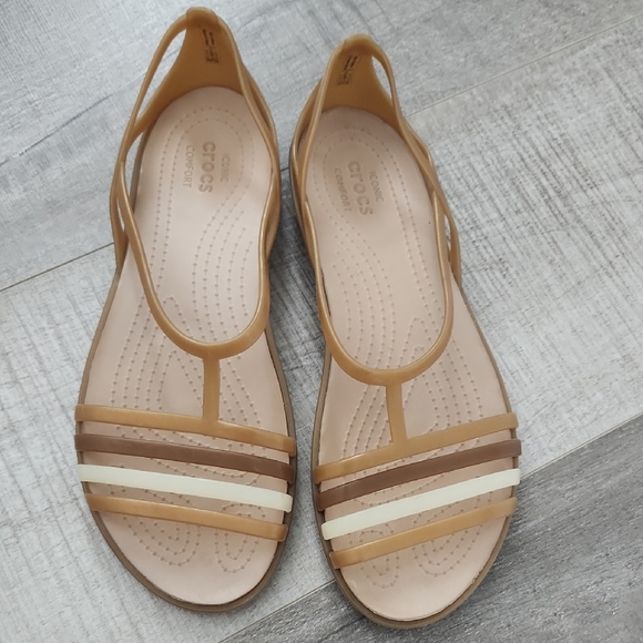 CROCS | Shoes | Crocs Tan And Cream Minimalist Sandals With Toe Loop ...